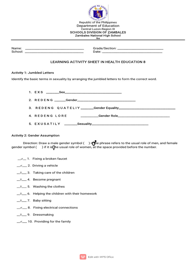 Health Education 8: Gender Roles Activity | PDF