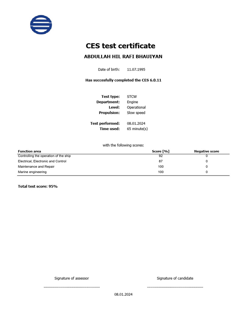 Ces Test Certificate Pdf