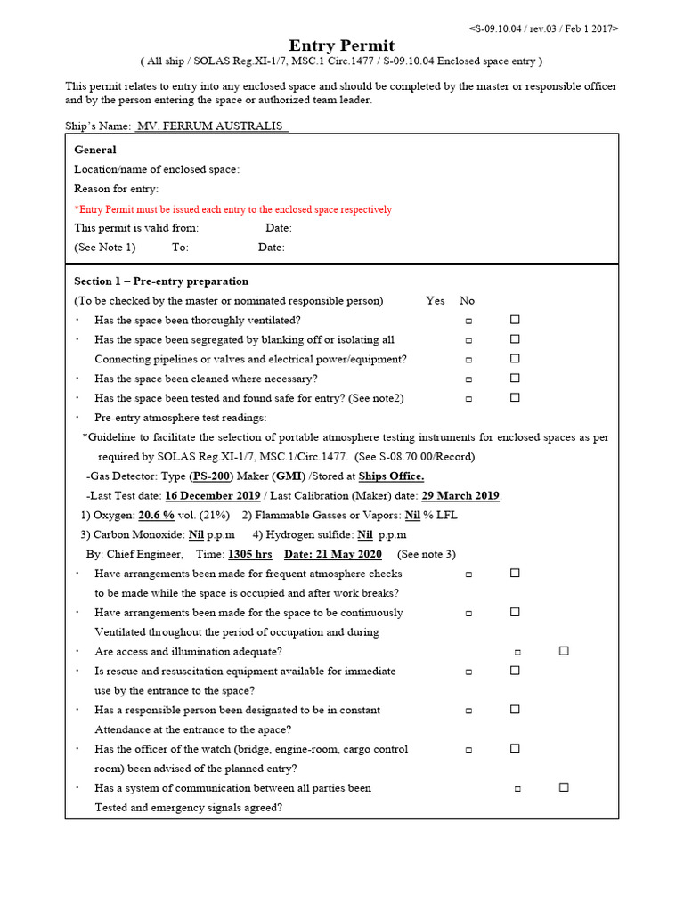 Entry Permit All Ship XI-1 7 Rev03, EGE ME CS Deflection. 25.03.20 ...