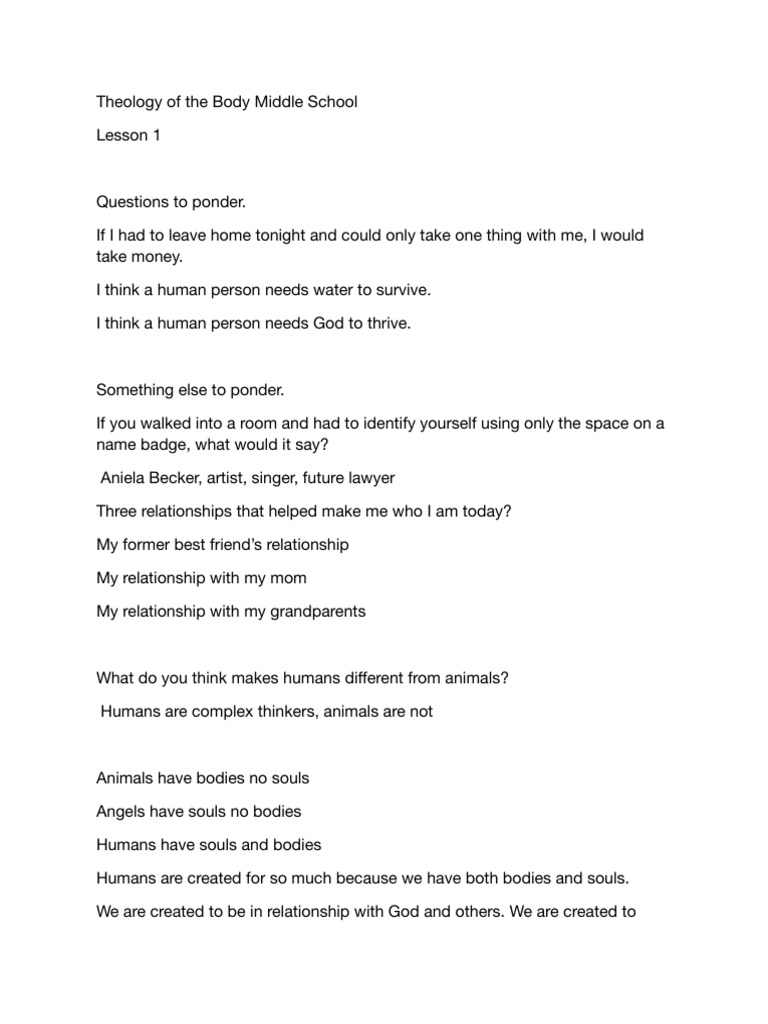 Theology of The Body Middle School Lesson 1 | PDF