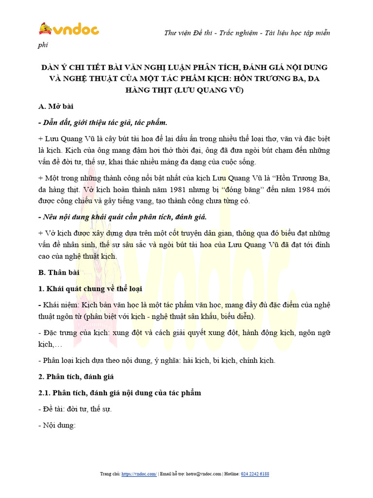 Dan y Chi Tiet Phan Tich Danh Gia Noi Dung Nghe Thuat Kich Hon Truong Ba Da Hang Thit | PDF