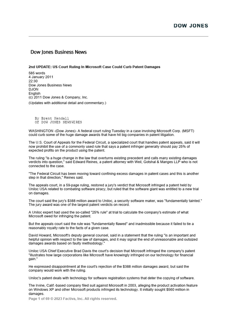 2nd UPDATE: US Court Ruling in Microsoft Case Could Curb Patent Damages | PDF | Pixar | Http Cookie