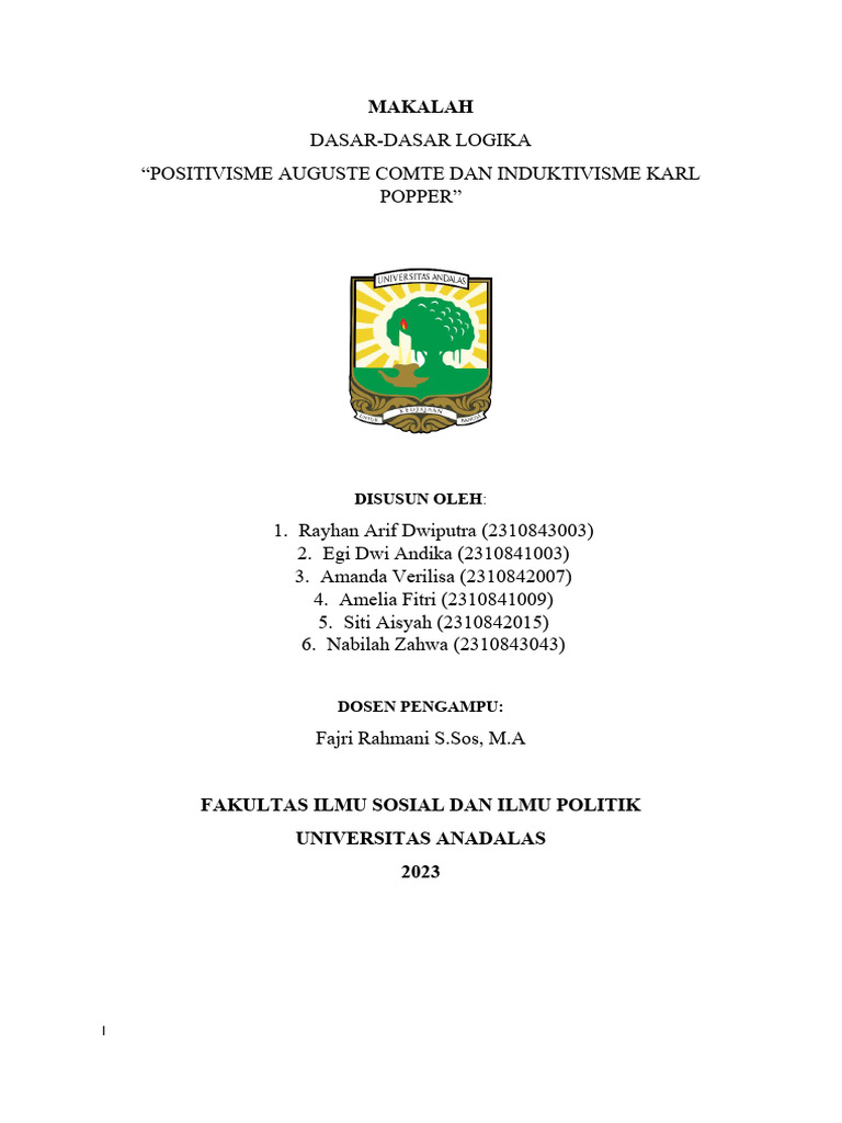 Positivisme Auguste Comte Dan Induktivisme Karl Popper | PDF
