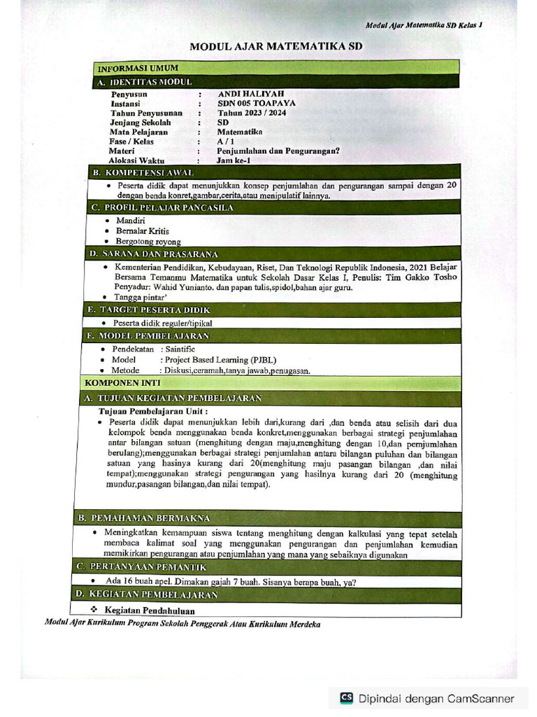 Modul Ajar Matematika Kelas 1 - Compressed | PDF