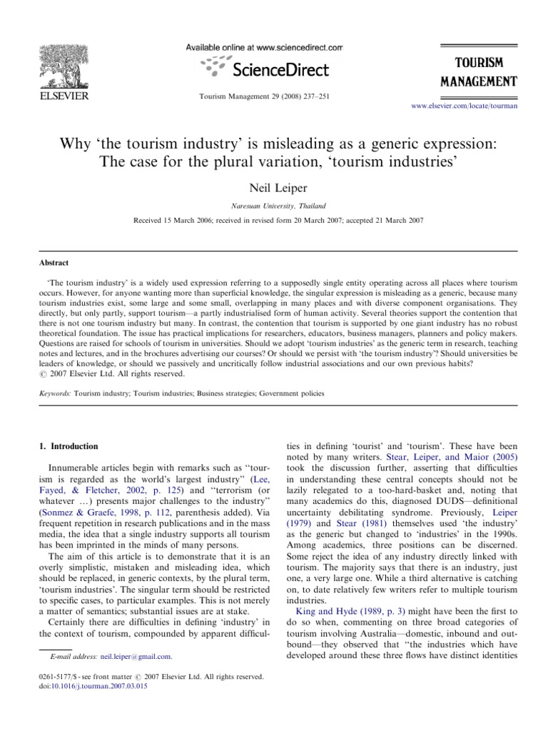 Why the tourism industry is misleading as a generic expression the case for the plural variation ...