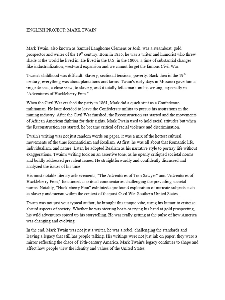 ENGLISH PROJECT MARK TWAIN | PDF | Mark Twain | Adventures Of Huckleberry Finn