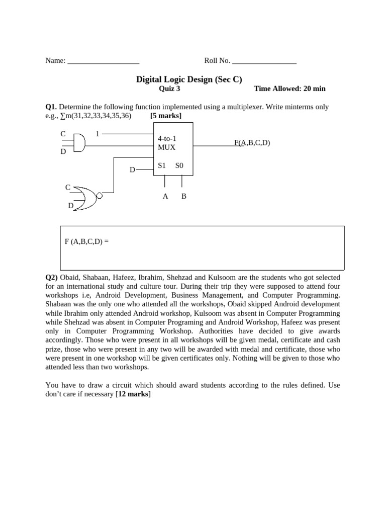 Quiz3 - DLD A - MUX | PDF | Teaching Methods & Materials