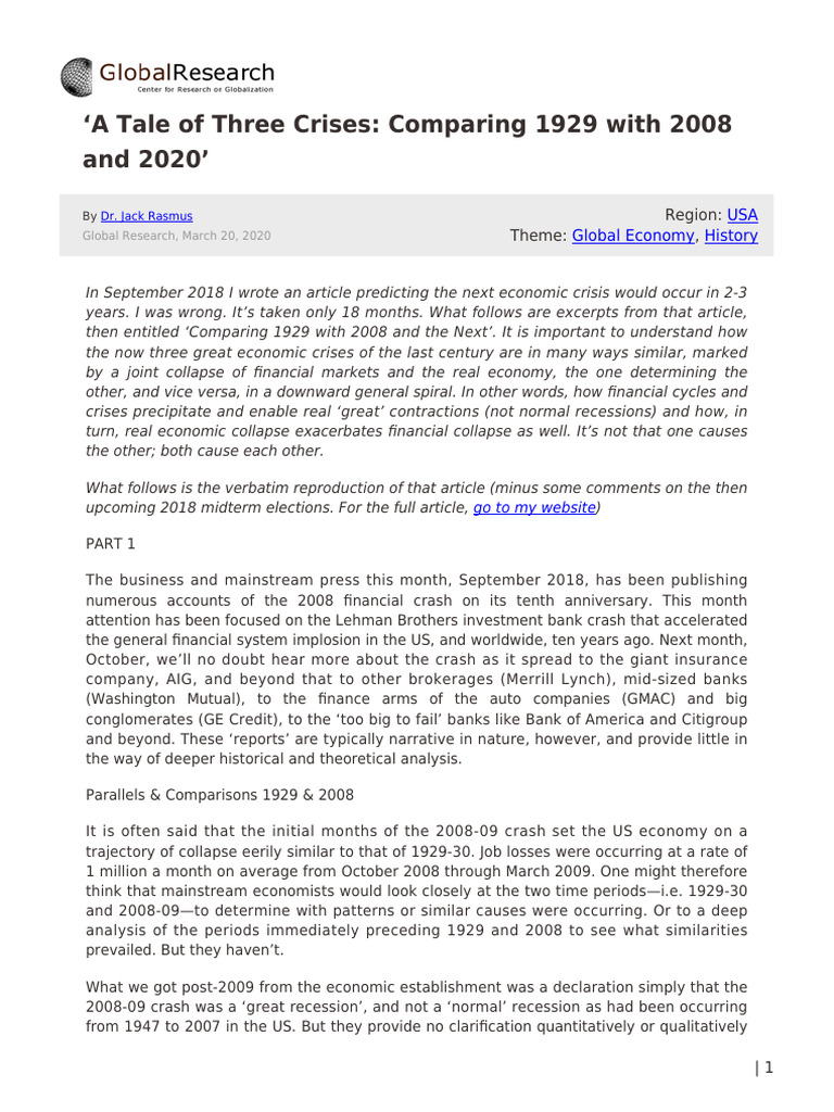 A Tale of Three Crises - Comparing 1929 With 2008 and 2020' | PDF
