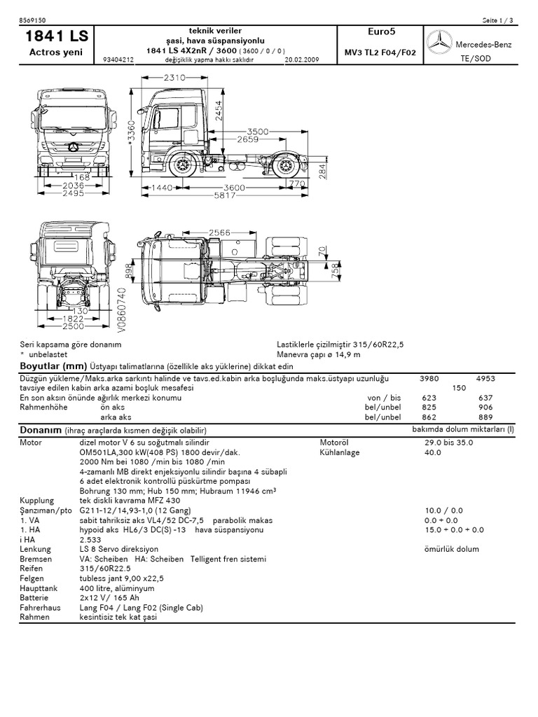 Actros Yeni Euro5: Teknik Veriler Şasi, Hava Süspansiyonlu 1841 LS 4X2nR / 3600 MV3 TL2 F04/F02 ...