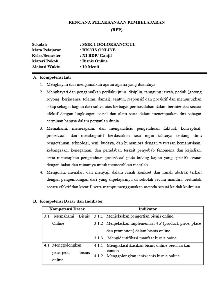 RPP Bisnis Online Kelas XI SMK | PDF | Karier & Perkembangan