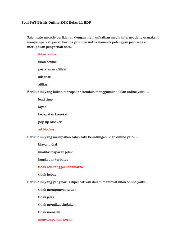 Soal Pat Bo Kelas 11bdp Jadi | PDF