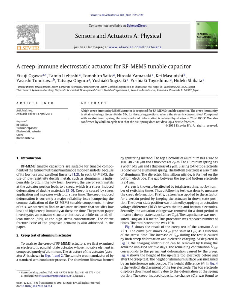 A Creep Immune Electrostatic Actuator For Rf Mems Tunable Capacitor Pdf Capacitor Cmos