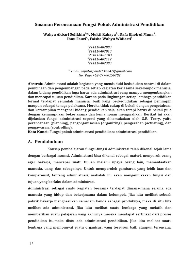 Susunan Perencanaan Fungsi Pokok Administrasi Pendidikan | PDF