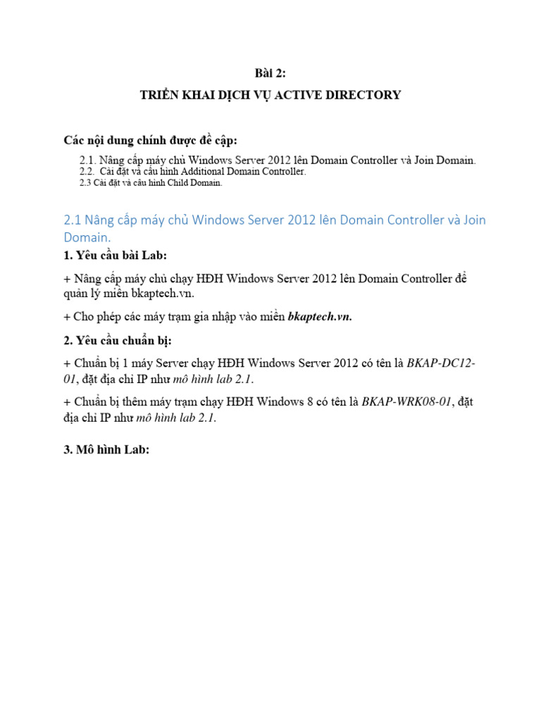 Lab 2 - Trien Khai Dich Vu Active Directory | PDF