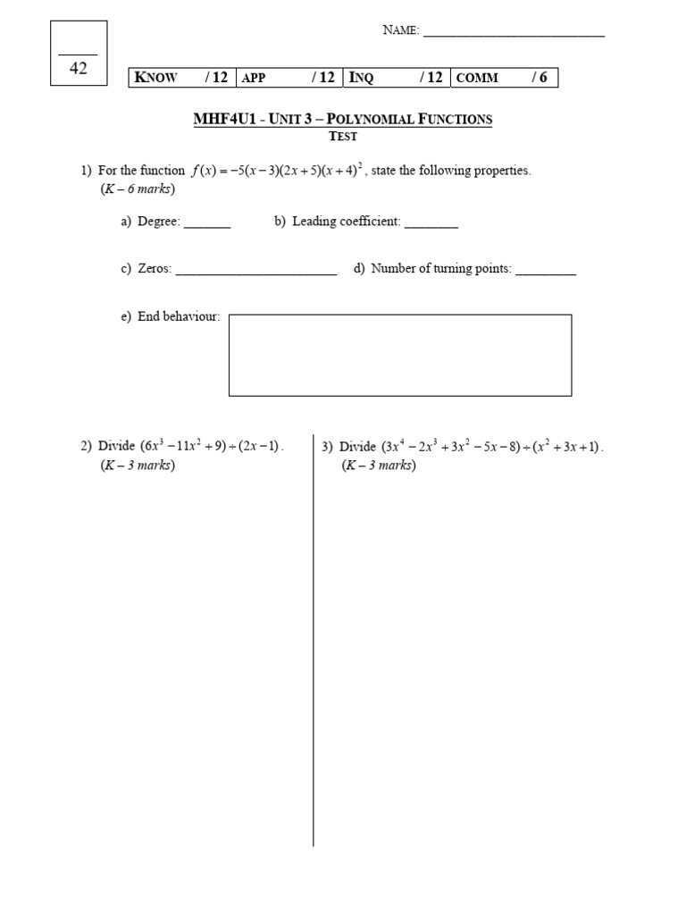MHF4U - Unit 3 Test - Blank - Period 1 | PDF | Teaching Methods & Materials