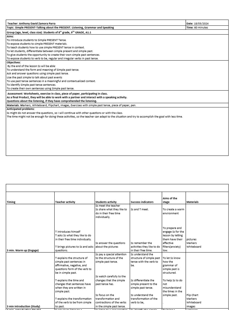 A1 Past Simple Lesson Plan | PDF | Grammatical Tense | Question