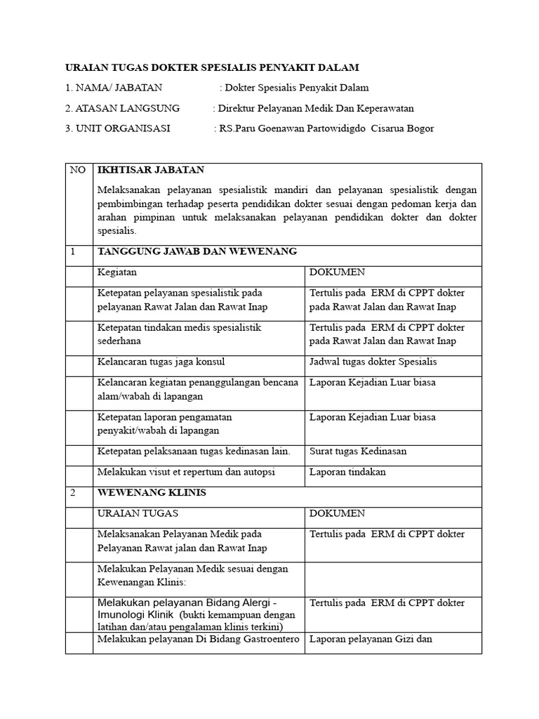 URAIAN TUGAS DOKTER SPESIALIS PENYAKIT DALAM | PDF