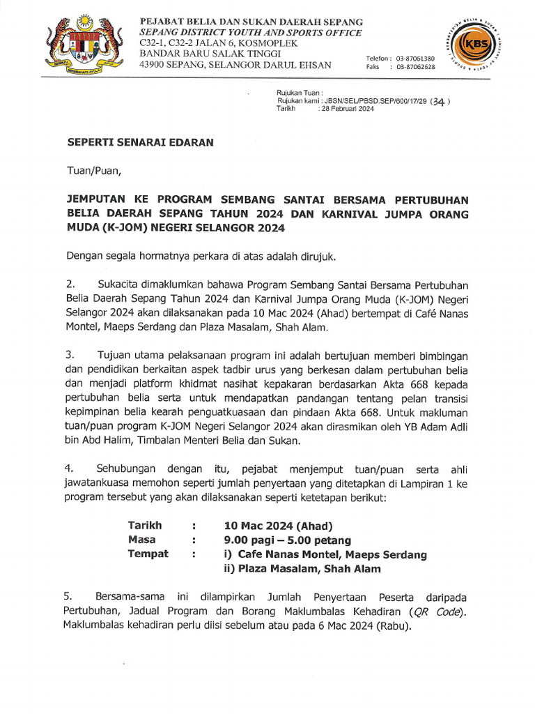 SURAT JEMPUTAN PROGRAM SEMBANG SANTAI DAN KJOM | PDF