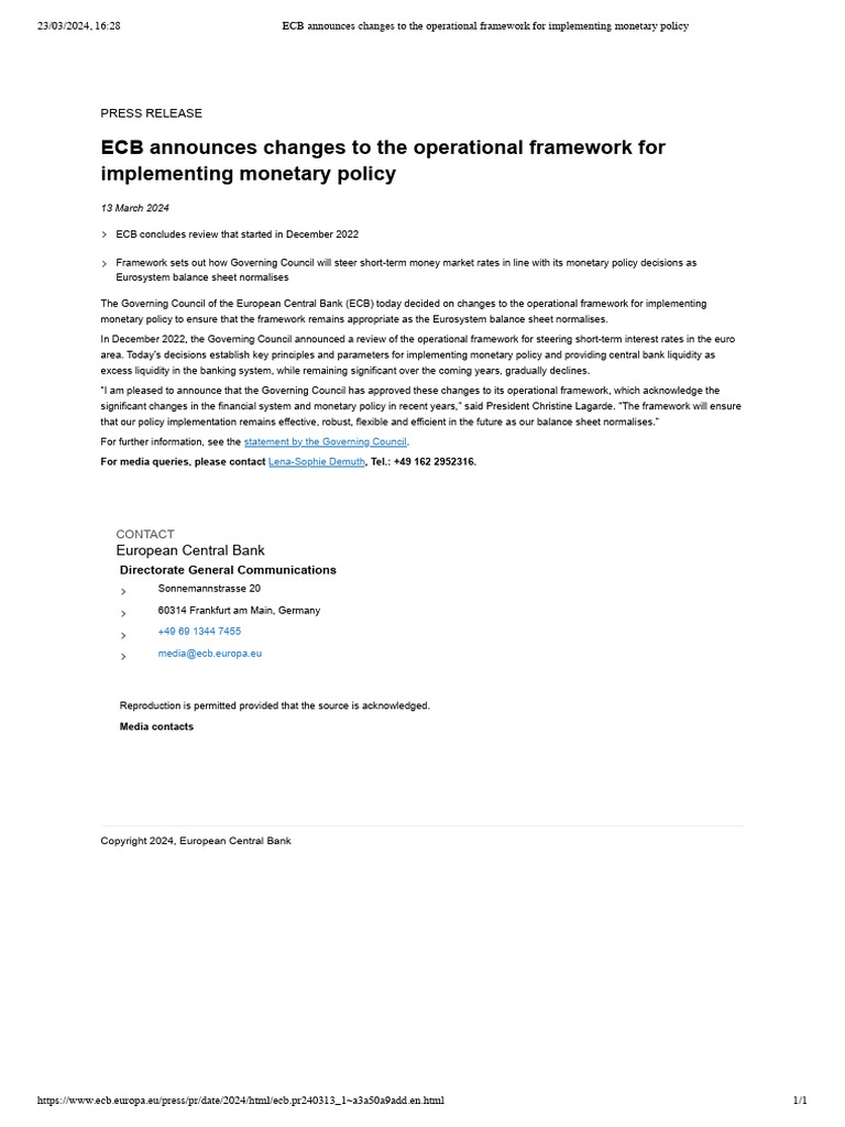 ECB Announces Changes To The Operational Framework For Implementing ...
