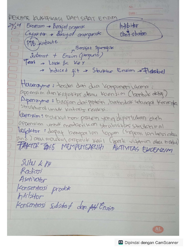 G30122039 - Resume Klasifikasi Dan Sifat Enzim | PDF