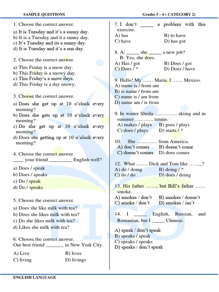 Grades 5-6 (Category 2) Sample questions | PDF | Linguistics