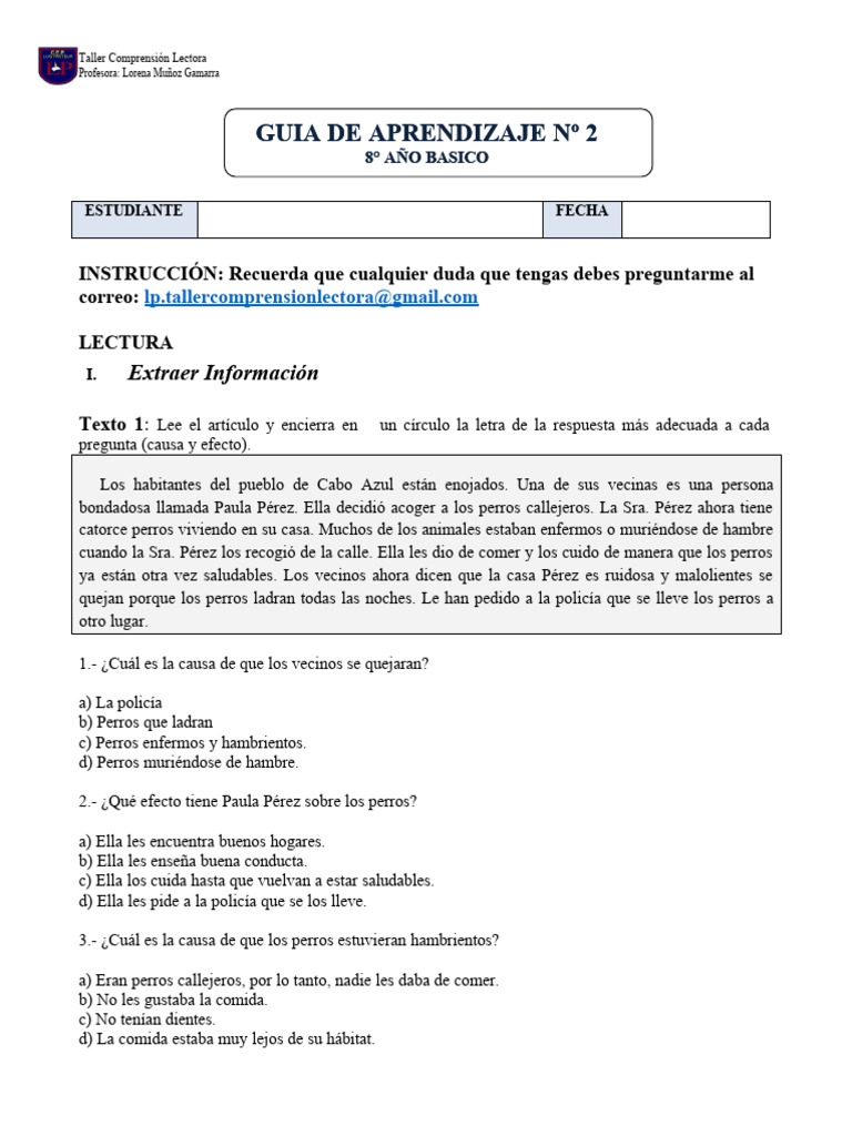 Guía N 2 Taller Comprensión Lectora 8 Básico Ay B Pdf Seda