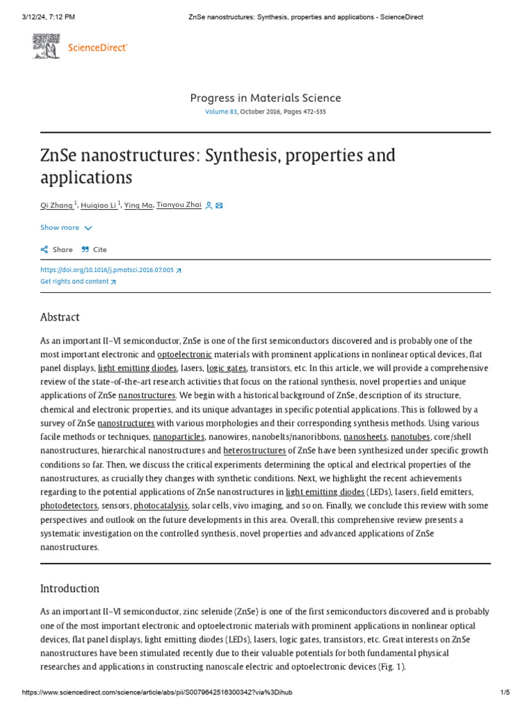 ZnSe Nanostructures - Synthesis, Properties and Applications - ScienceDirect | PDF | Zinc Oxide ...