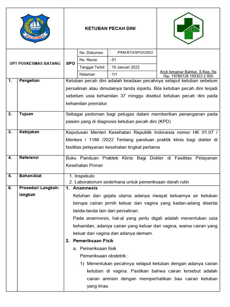 Spo Ketuban Pecah Dini | PDF