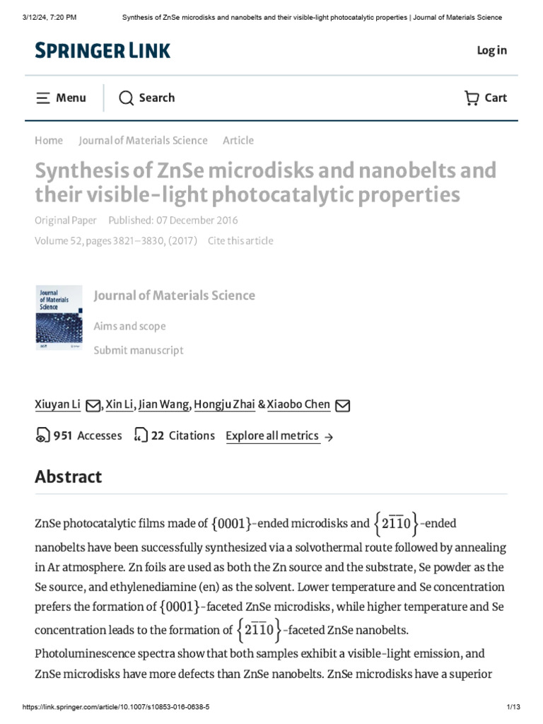Synthesis of ZnSe Microdisks and Nanobelts and Their Visible-Light Photocatalytic Properties ...