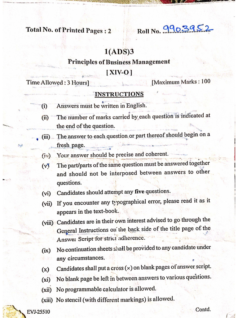 Principles of Business Management 2016 AD Paper | PDF