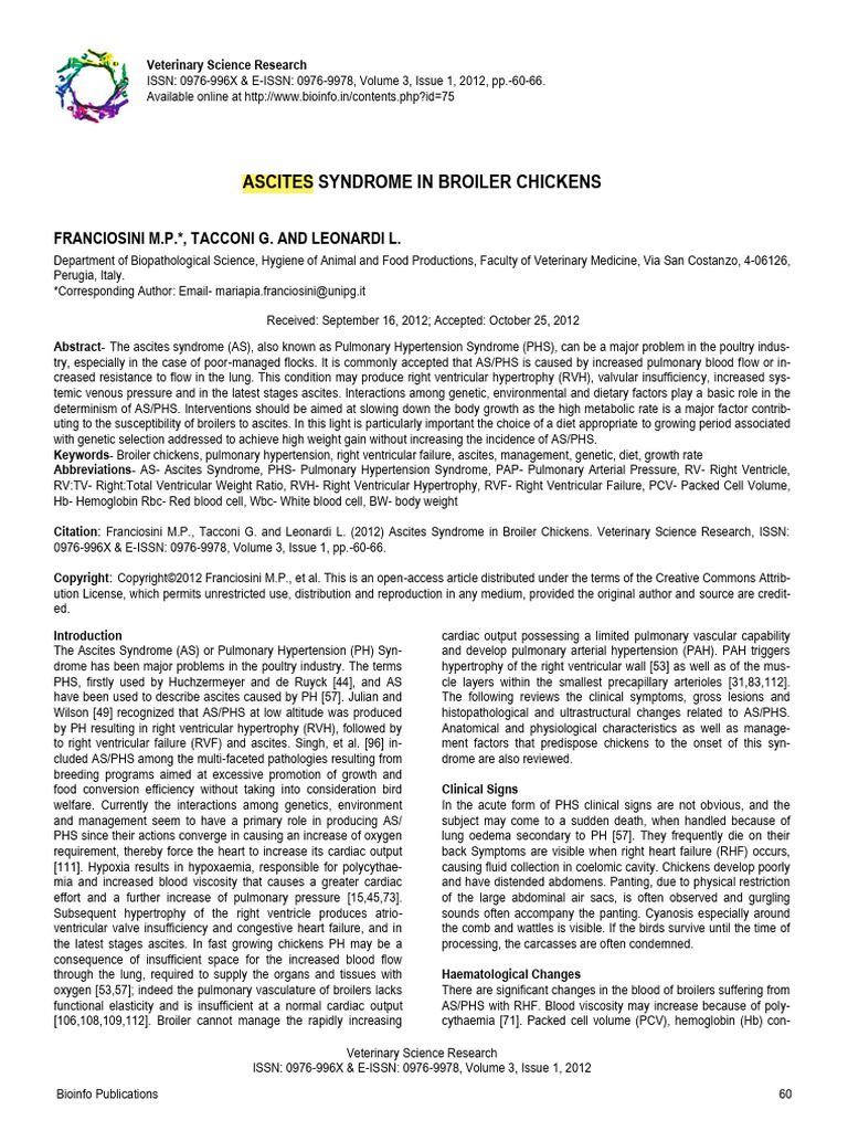 Ascites Syndrome in Broiler Chickens | PDF | Science & Mathematics