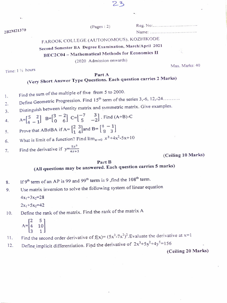 Mathematical Methods for Economic II | PDF | Matrix (Mathematics) | Equations