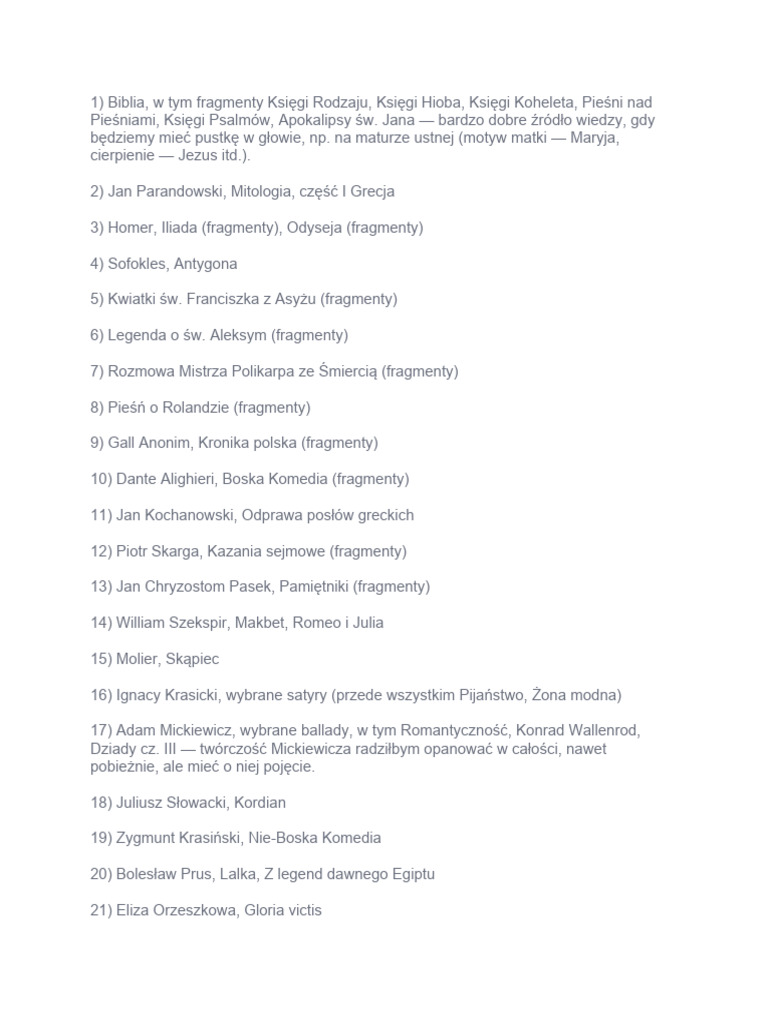 Matura Lista Lektur | PDF