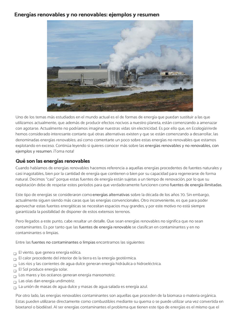 Energías renovables y no renovables_ ejemplos y resumen - ecologiaverde.com | PDF | Energía ...