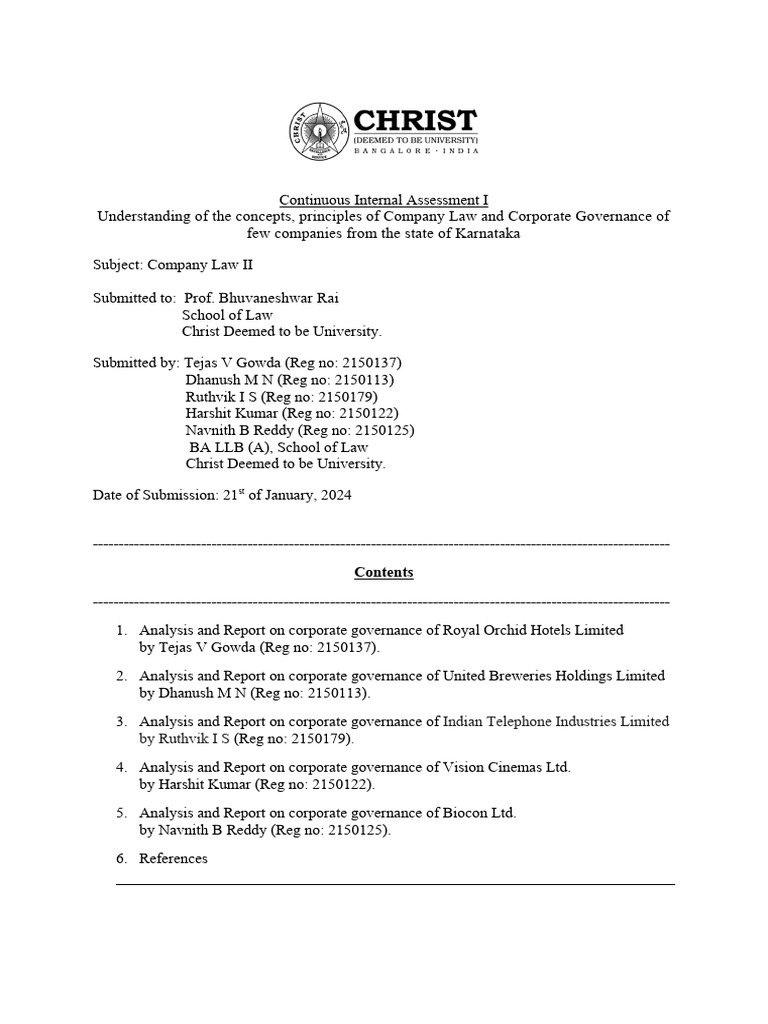 Continuous Internal Assessment I CL | PDF | Governance | Audit Committee