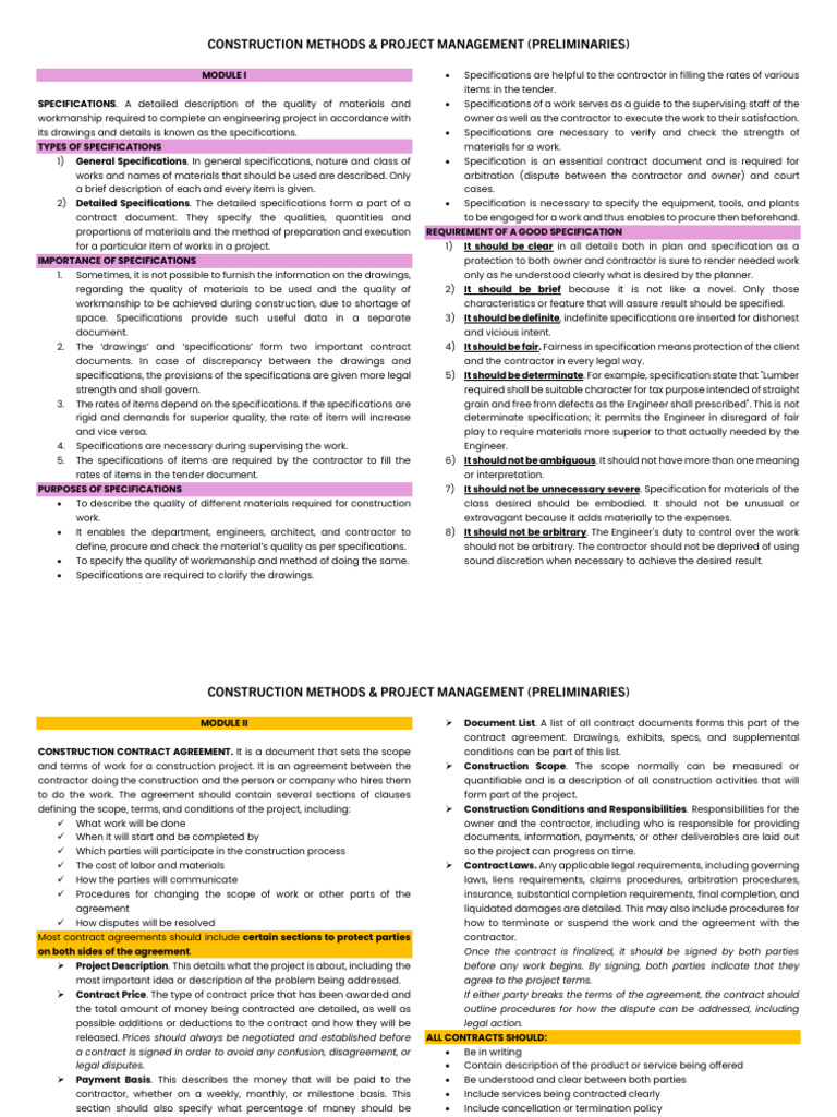 Cmpm Prelim Reviewer | PDF | Specification (Technical Standard) | Construction Management