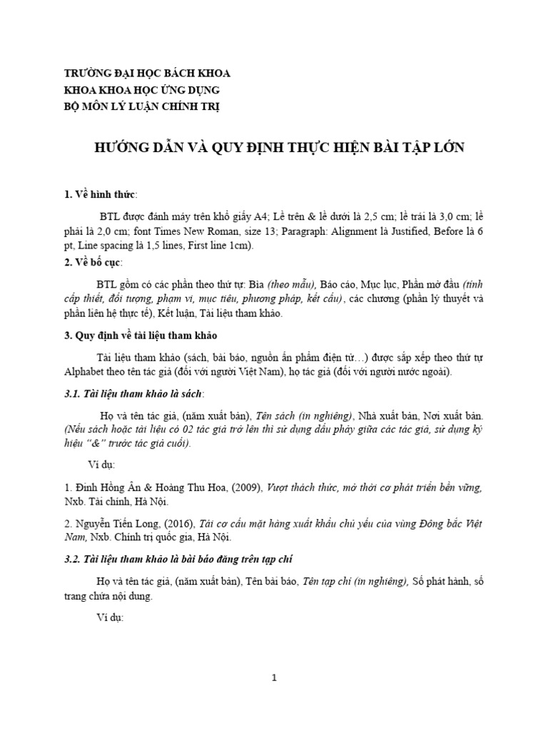 Hướng Dẫn & Quy Định Về BTL Môn KTCT | PDF