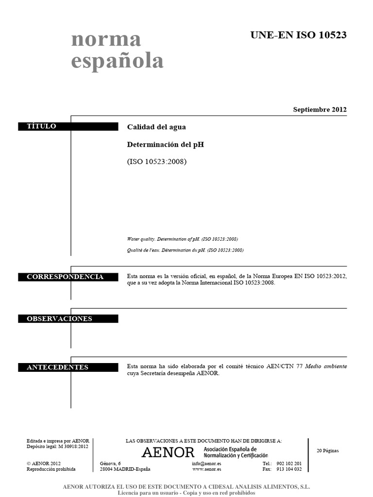 Norma EN ISO 10523:2012 sobre pH del agua | PDF | Organización ...