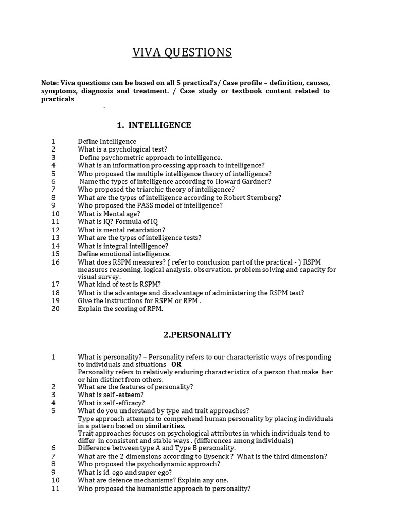 Viva Questions - Psychology - Batch 2024 | Download Free PDF | Anxiety ...