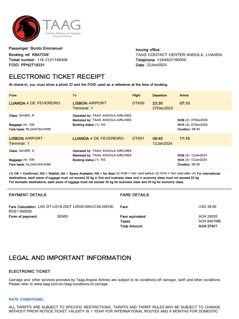 TAAG Angola Airlines Ticket Receipt | PDF | Aviation