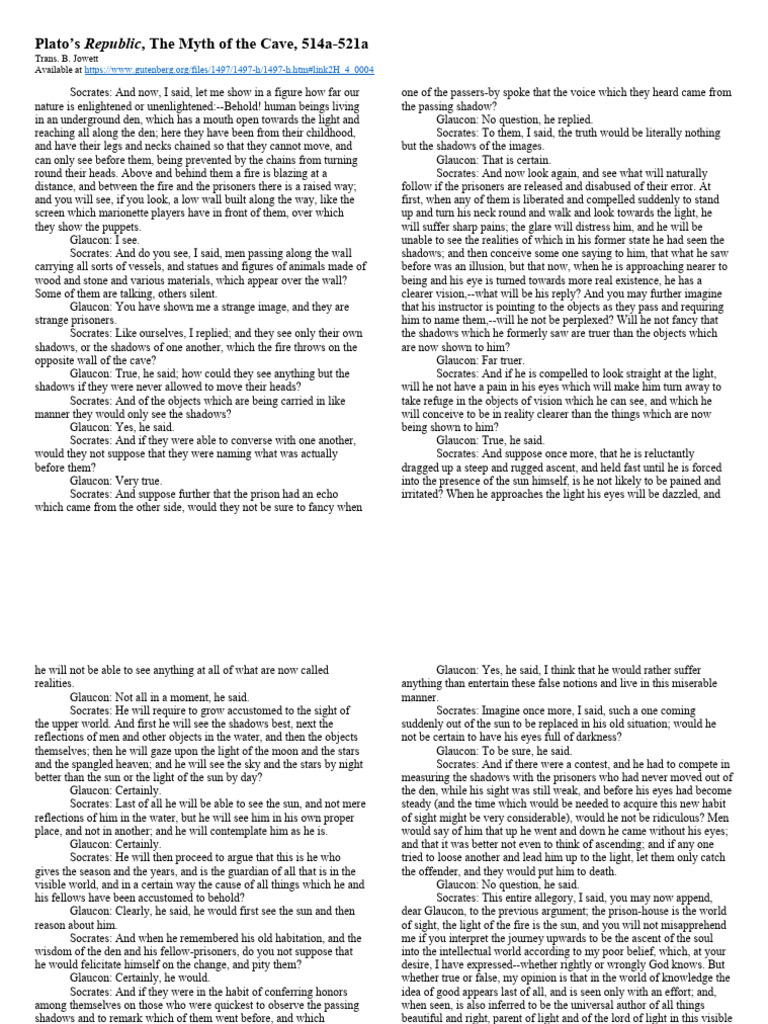 02 Plato's Republic - The Myth of The Cave | PDF | Reason | Socrates