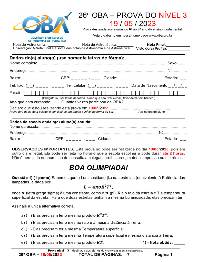 Prova Nível 3 Da 26 OBA de 2023 | PDF | Planetas | Marte