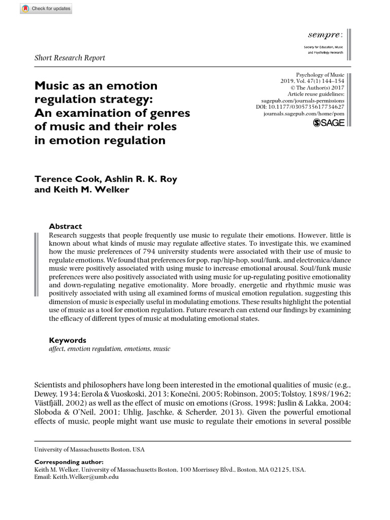 Cook Et Al 2017 Music As An Emotion Regulation Strategy An Examination ...