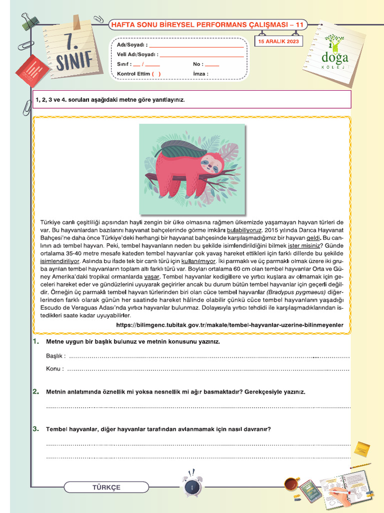 23 7 Sinif Hafta Sonu Odev 11 Baski | PDF