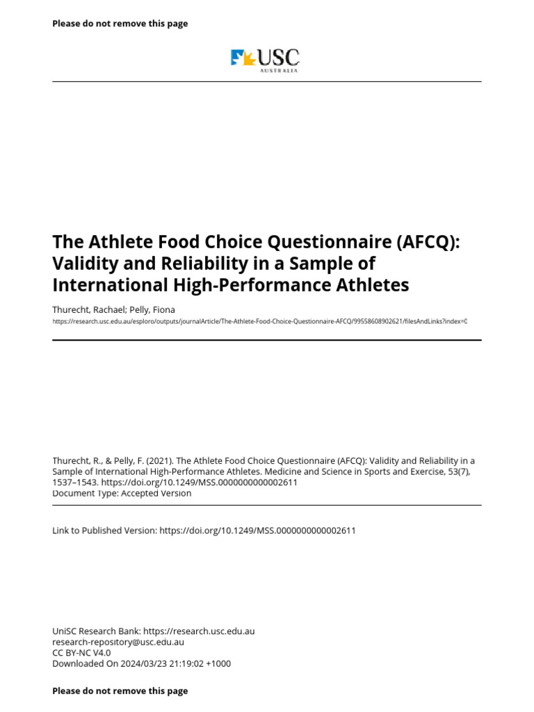 The Athlete Food Choice Questionnaire AFCQ Accepted Pre-Print | PDF ...