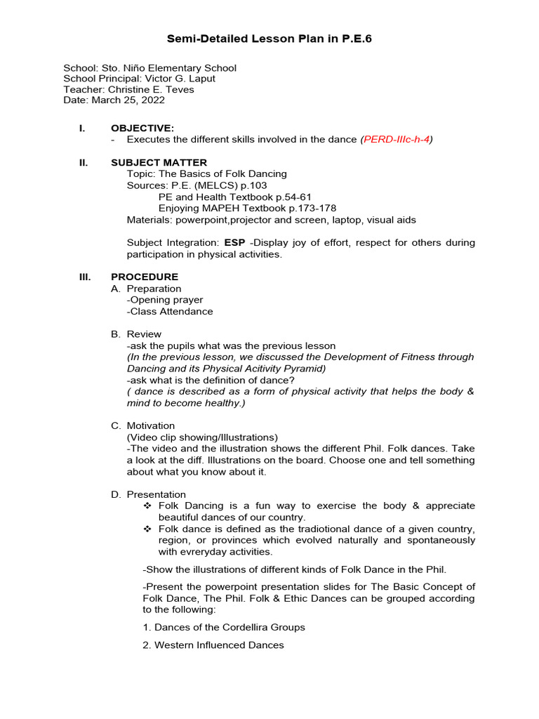 Folk Dance Lesson Plan for P.E.6 | PDF | Physical Education