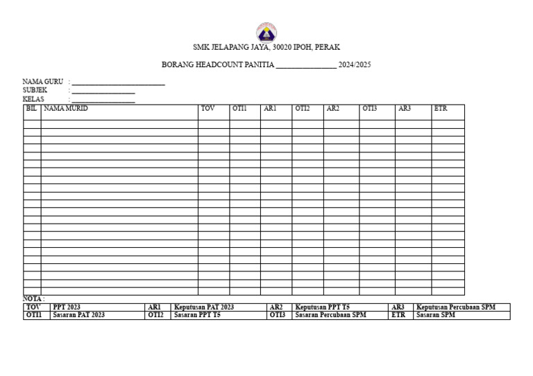 Borang Headcount Mata Pelajaran 2024 | PDF