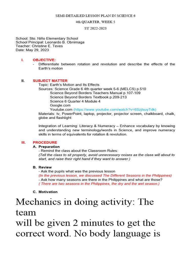 SEMI Detailed Lesson Plan in Science 6 q4 Week 5 | PDF | Rotation | Earth