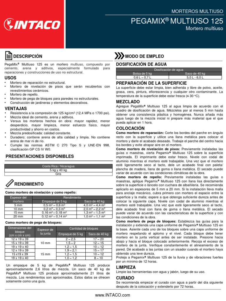FT Pegamix Multiuso 125 5y40kg | PDF | Mortero (Albañilería) | Cemento