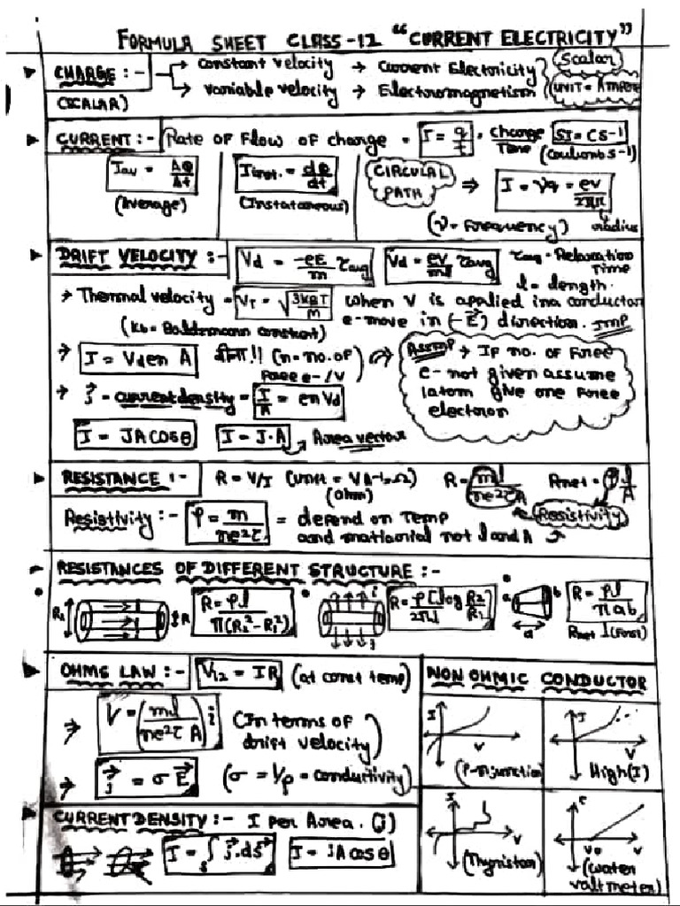 Current Electricity Formula Sheet | PDF